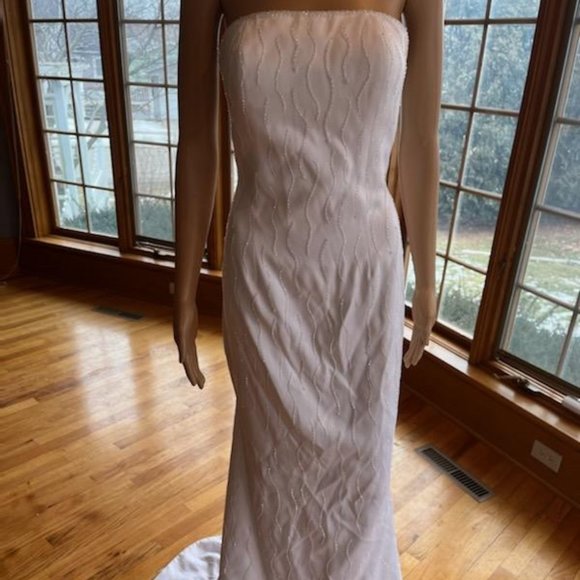 Landau | Dresses | Landa White Beads Strapless Satin Sweep Train ...